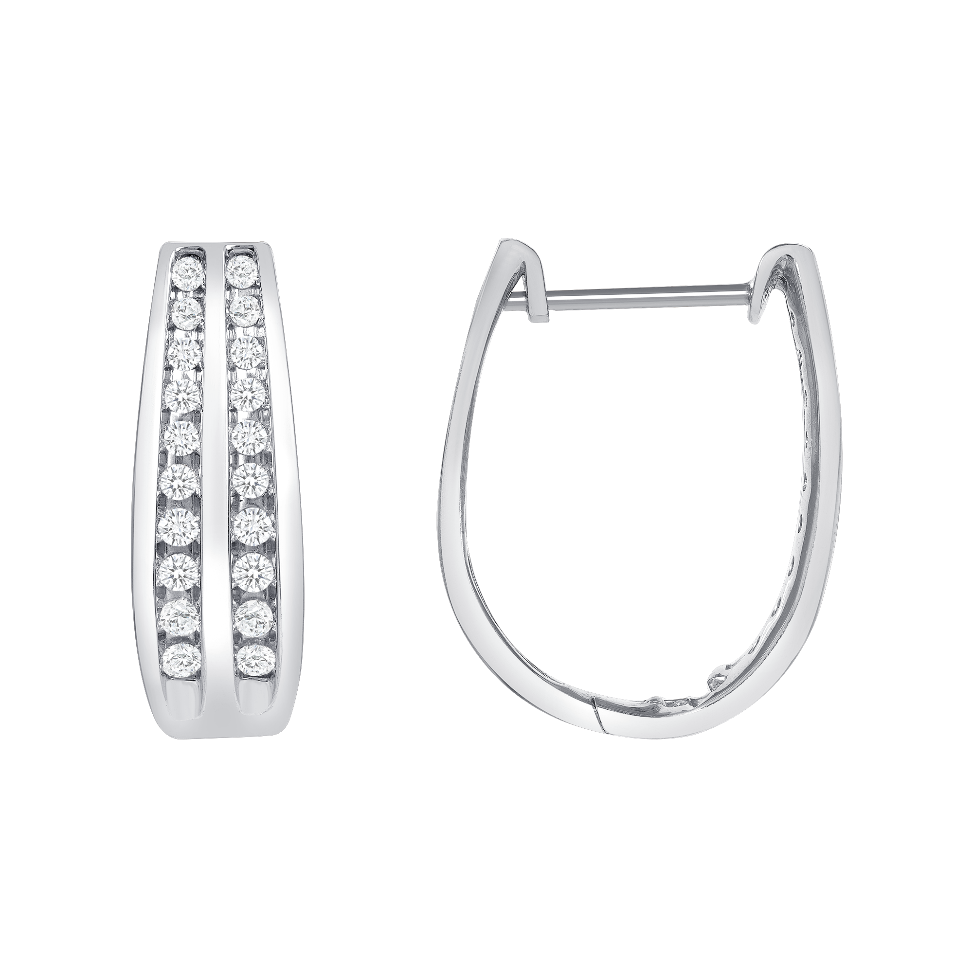 1/2 CT. T.W. Fashion Double Diamond Rows "U" Shape Hinged Hoop Earring ...